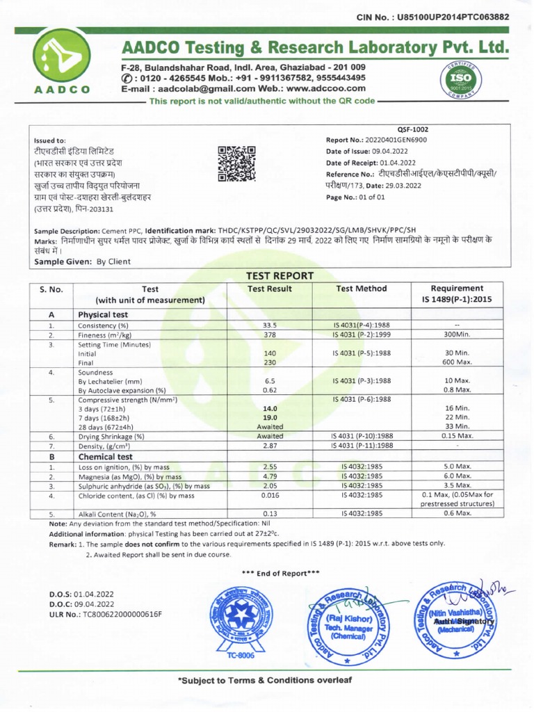 Test Reports of PCC Cement (Shree) | PDF