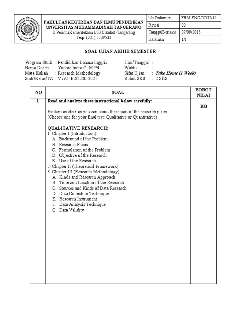 Soal Ujian Akhir Semester RM 2021 | PDF | Quantitative Research | Methodology