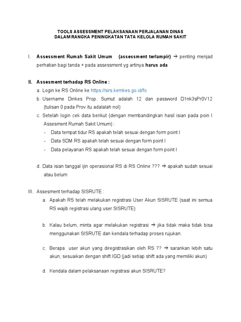 Tools Assessment Pelaksanaan Perjalanan Dinas Tata Kelola Rumah Sakit 2022 | PDF