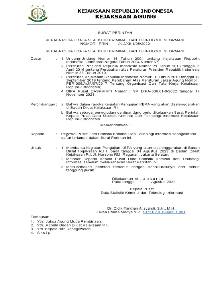 Contoh SPRIN - Febry Cs Pengajian Di Badiklat Agustus 2022 | PDF