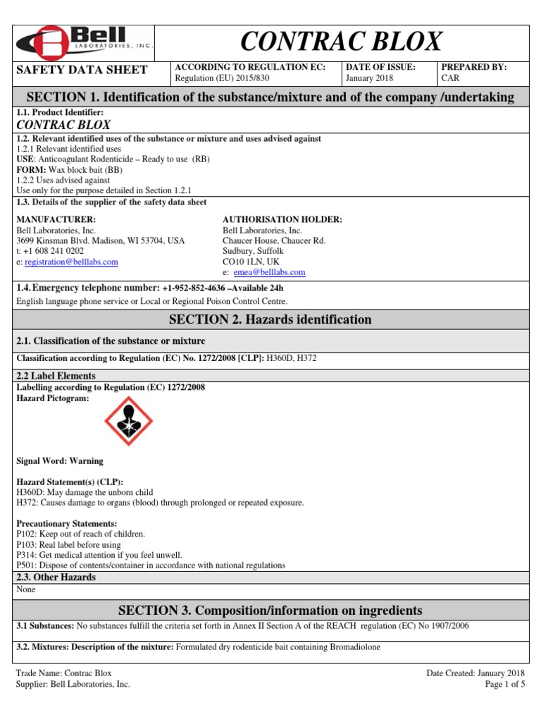 MSDS Contrac Blox Jan18 USA | PDF | Toxicity | Chemistry
