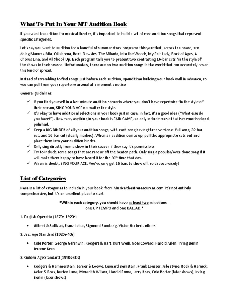 What To Put in Your MT Audition Book - Capital Vocal Symposium | PDF ...