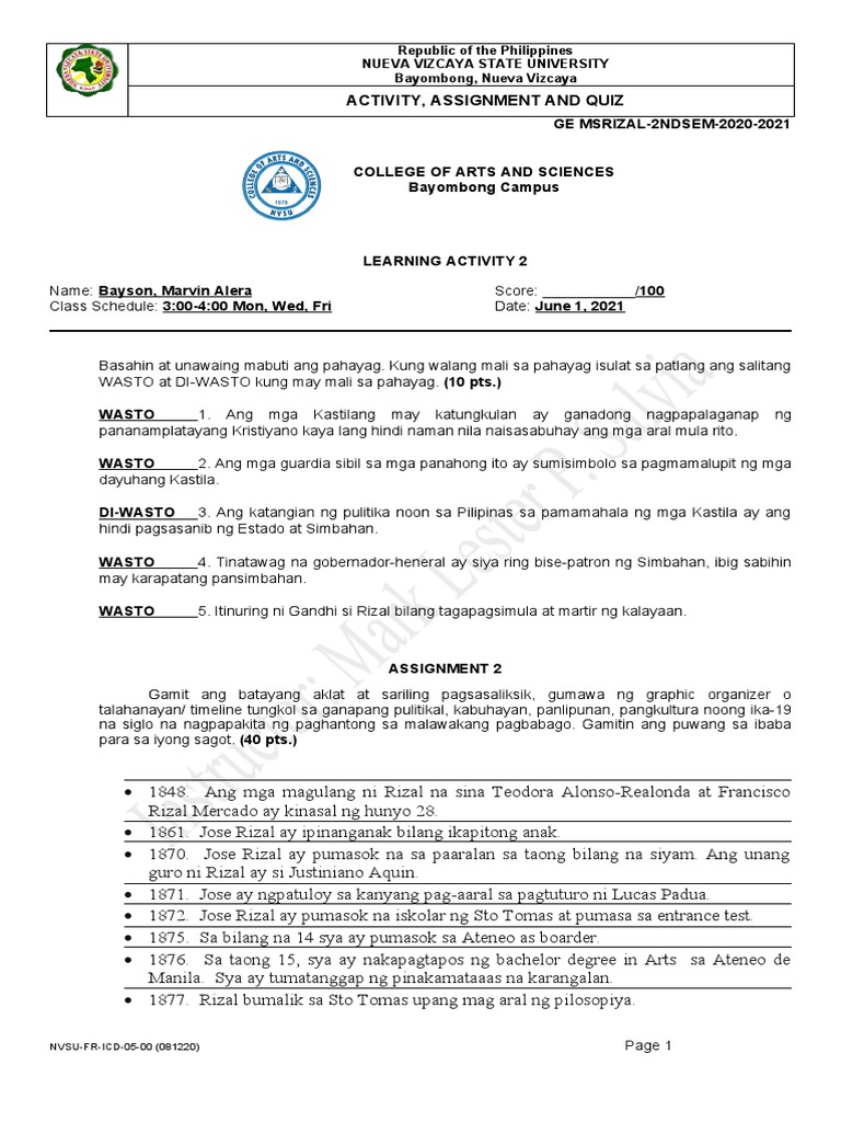 GE MSRIZAL Act Ass Quiz Chapter 2 | PDF