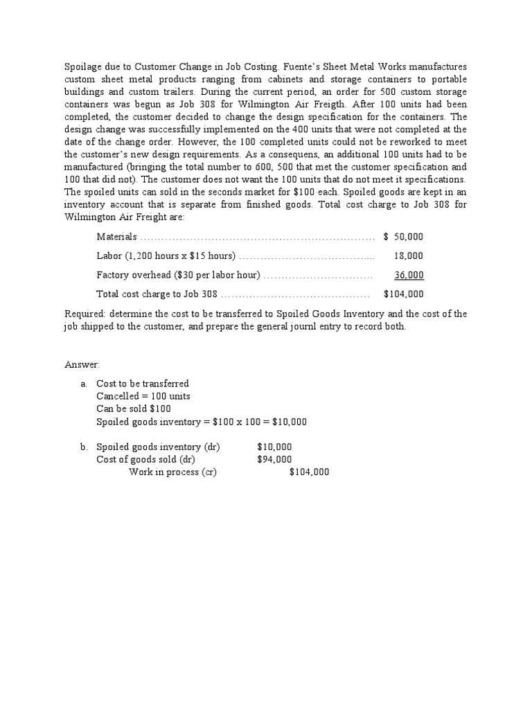 Spoiled Goods Inventory Cost Transfer for Job 308 | PDF