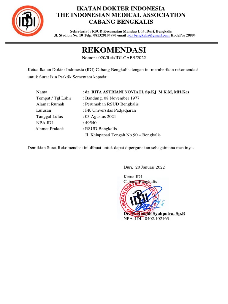 Rekom SIP Ke 1 Dr. Rita Astriani Noviati, SP - KJ | PDF