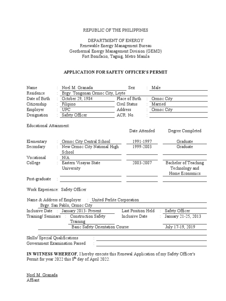 APPLICATION FORM - SAFETY OFFICERS PERMIT - For 2022 | PDF ...