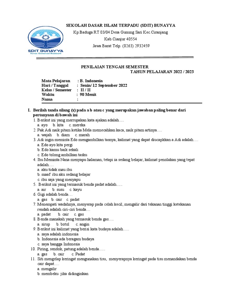 Soal PTS B Indo Kelas Ii Semester I Sdit Bunayya 2022-2023 | PDF