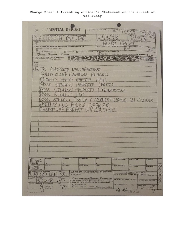Ted Bundy - David Lee's Charge Sheet of 'Kenneth Misner', February 14 ...