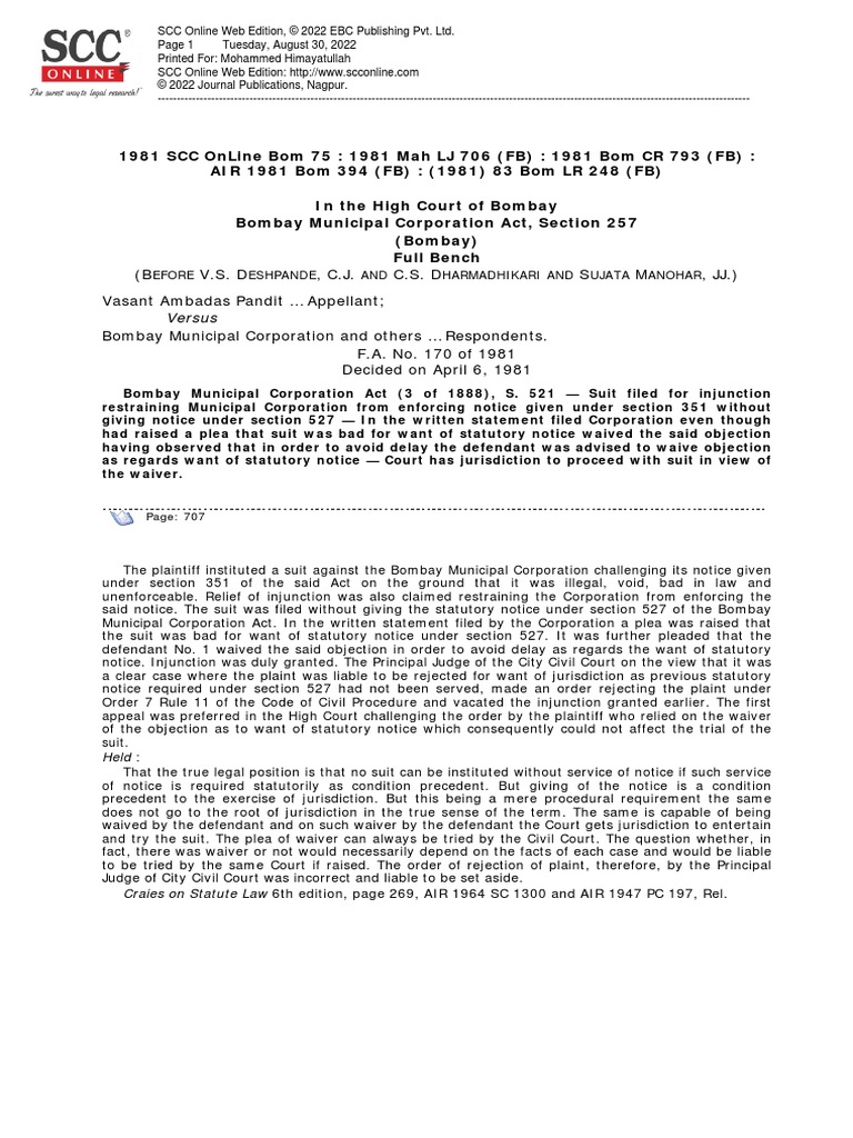 Vasant Ambadas Pandit v. Bombay Municipal Corporation, 1981 SCC OnLine ...