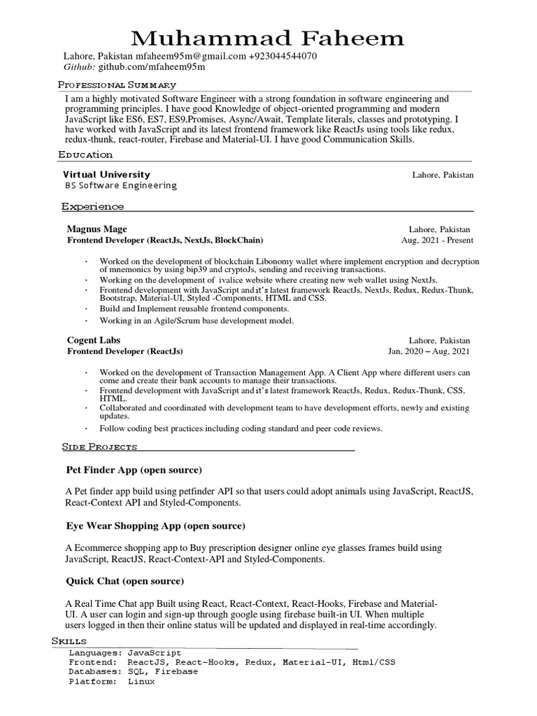 Faheem Resume | PDF | Java Script | Mobile App