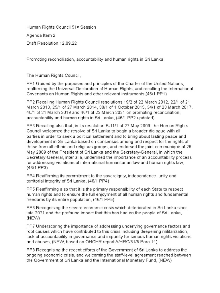 Core Group On Sri Lanka - Draft Resolution For 51st UNHRC Session | PDF ...