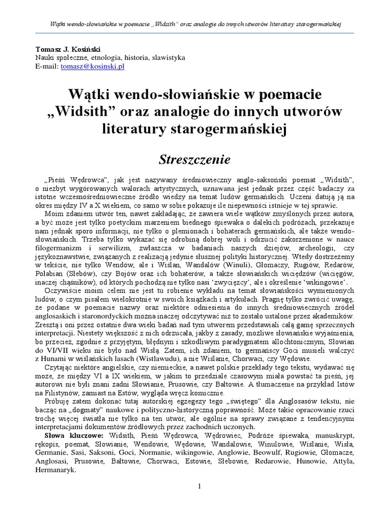 Wątki Wendo-Słowiańskie W Poemacie "Widsith" | PDF