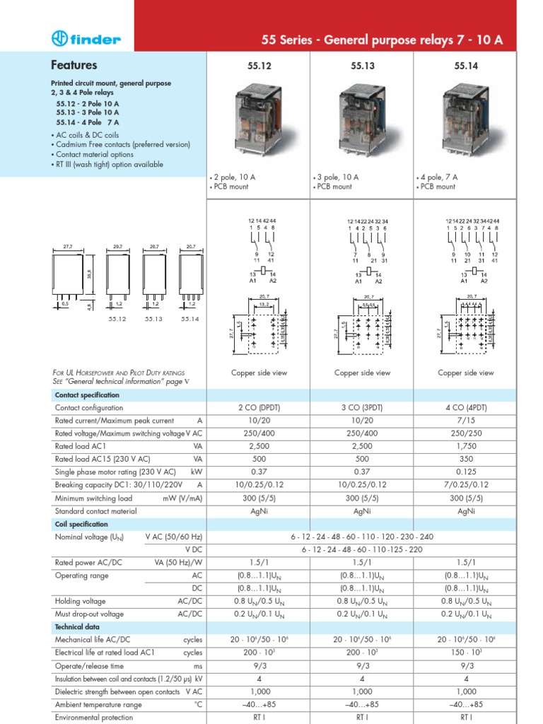 Finder 55 Series Relay Specifications | PDF | Relay | Electrical Connector
