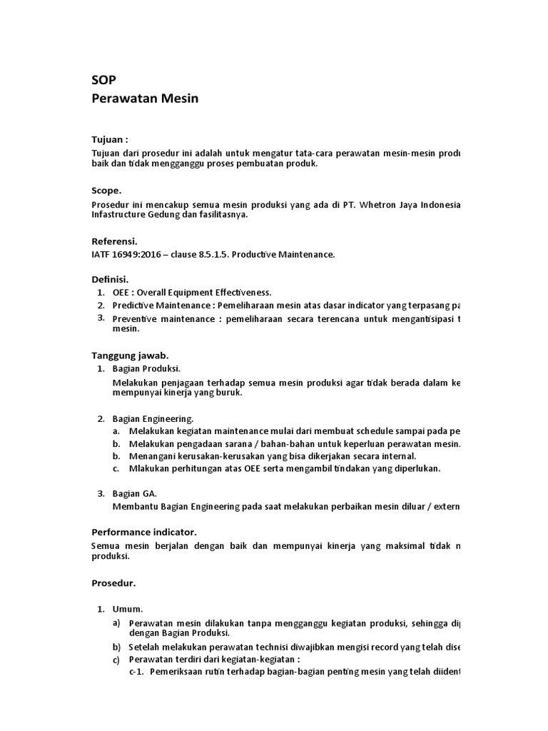Prosedur Pemeliharaan Mesin Produksi | PDF
