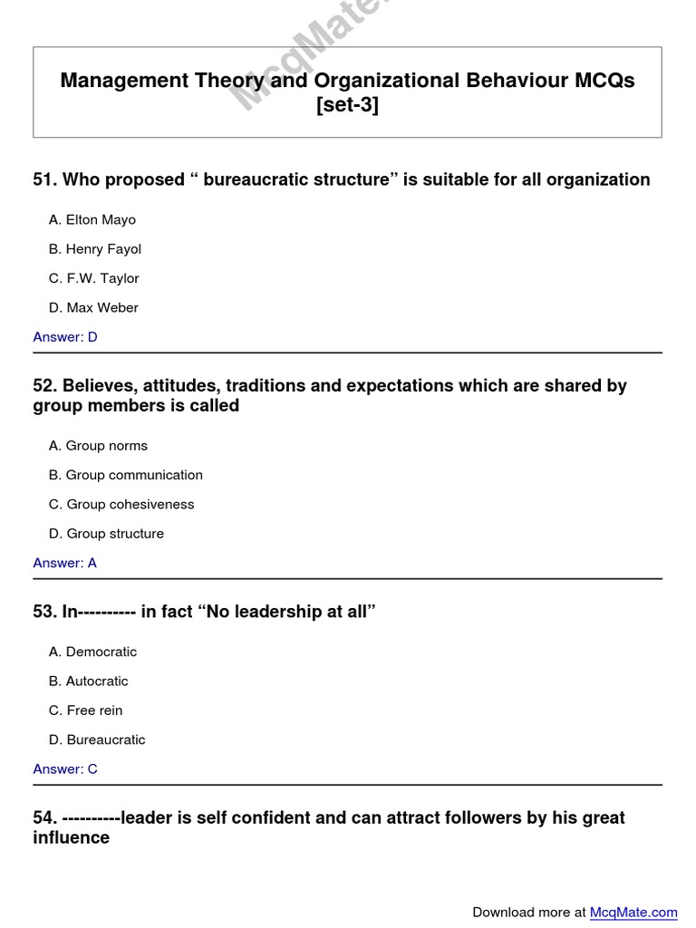 Management Theory and Organizational Behaviour Solved MCQs (Set 3 ...