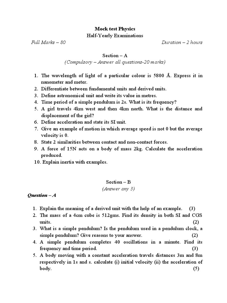 Mock Test Physics (ICSE ch 1 2 3) | PDF | Acceleration | Velocity