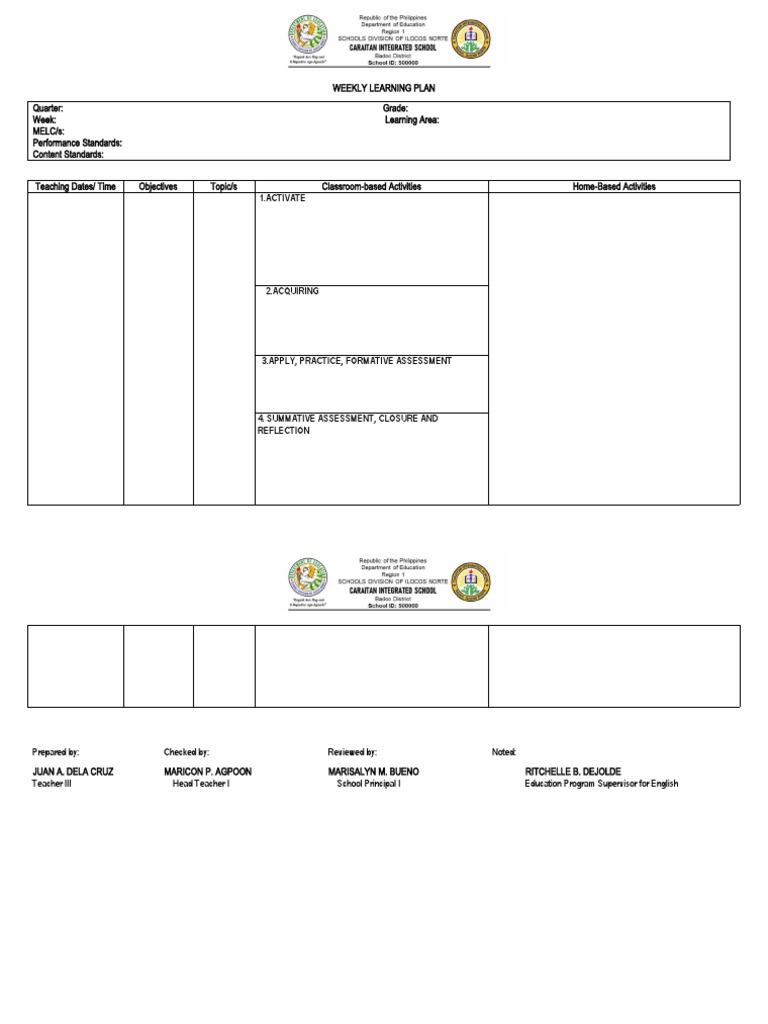 Weekly Learning Plan English Version | PDF