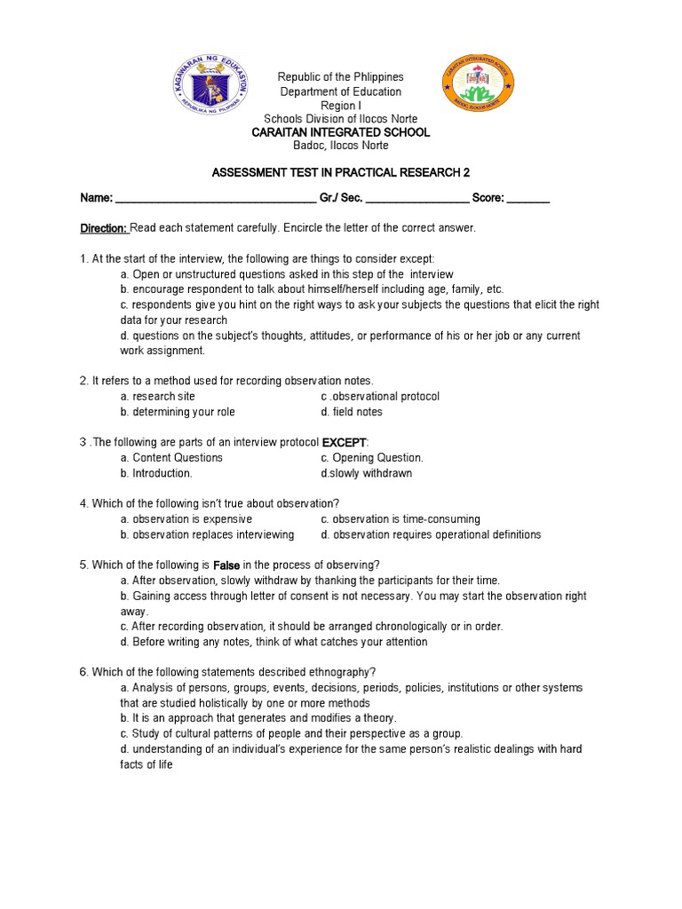 Assessment Test in PR 2 | PDF | Sampling (Statistics) | Type I And Type ...