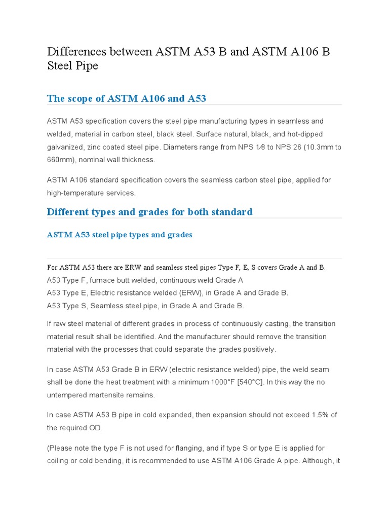 Differences Between ASTM A53 B and ASTM A106 B Steel Pipe Grades | PDF ...