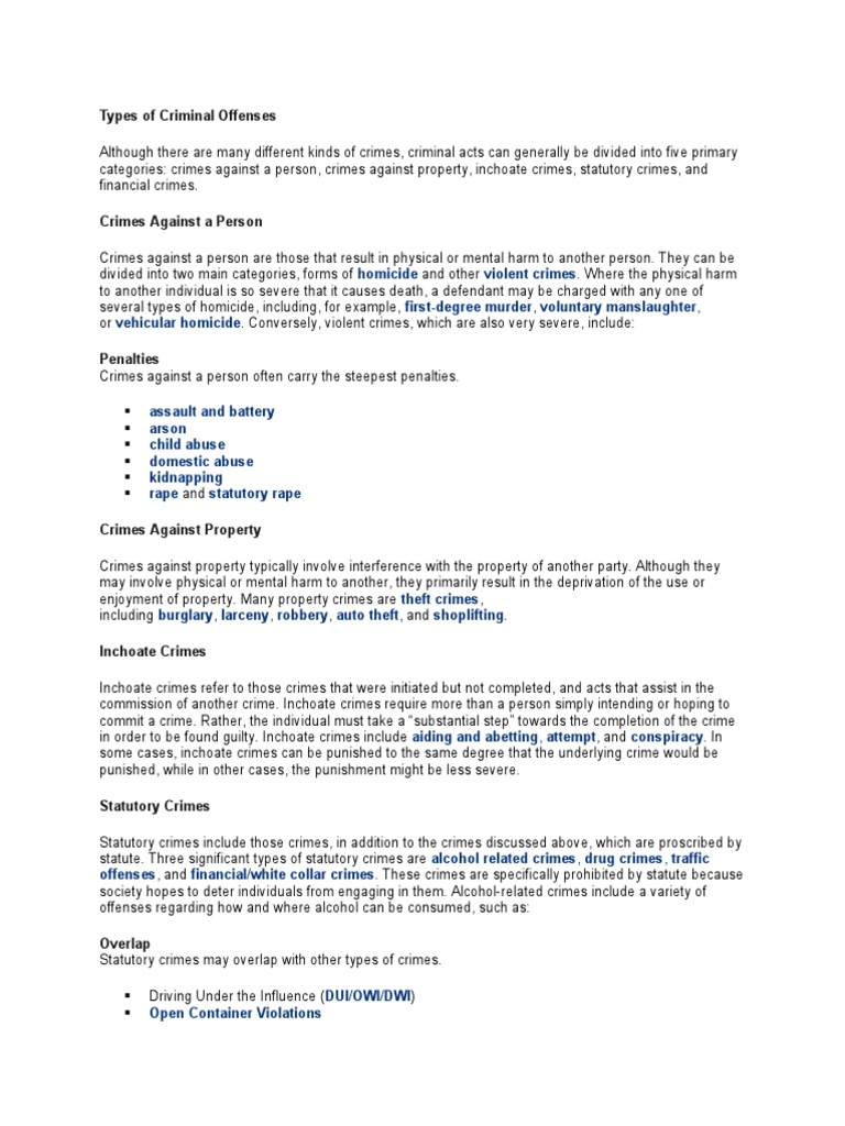 Types of Criminal Offenses | PDF | Driving Under The Influence | Crimes