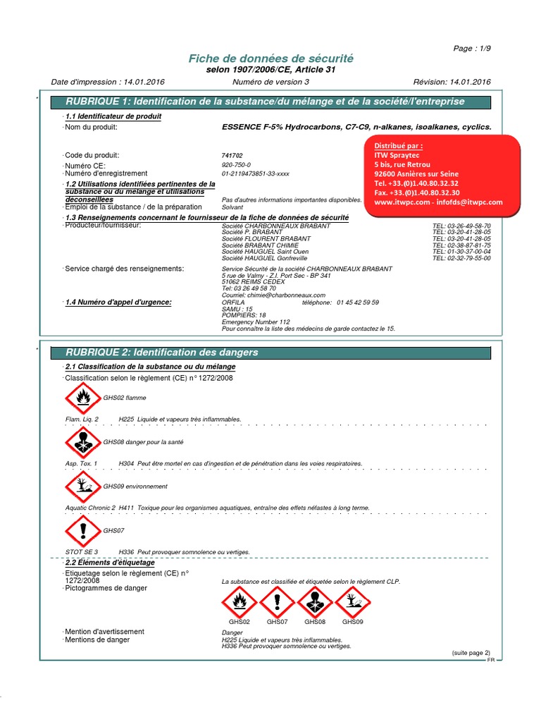Fiche de données sécurité Essence F-5% | PDF | Déchets | Chimie