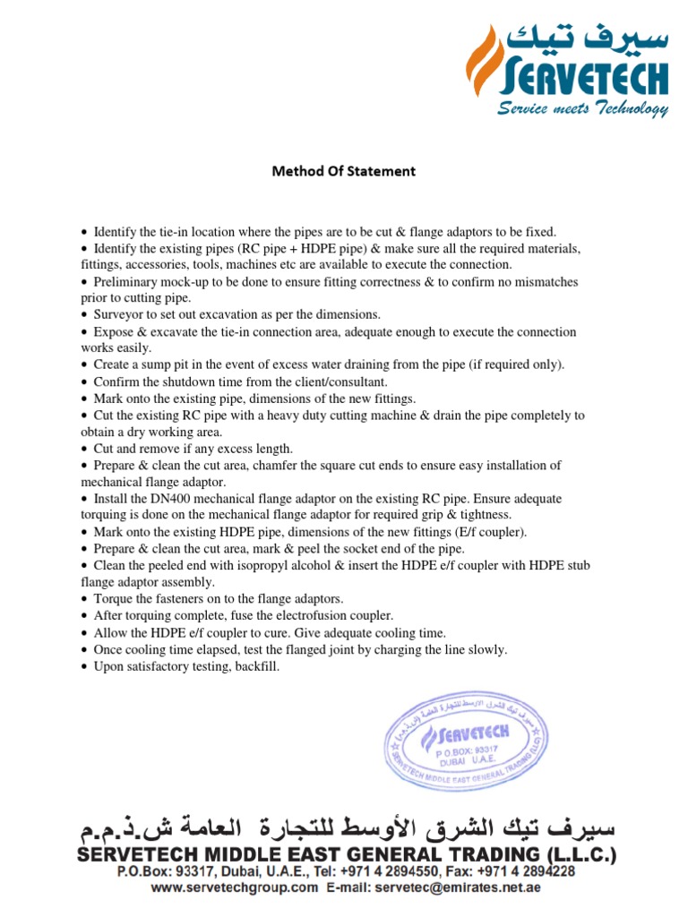 Method Statements For Joining Ac Pipe With Hdpe Pipe Pdf