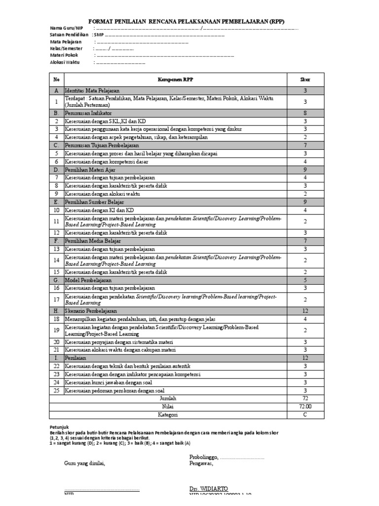 Instrumen Penilaian RPP Dan Pelaksanaan Pembelajaran K13 | PDF