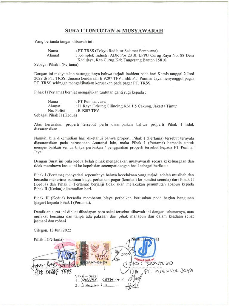 Surat Tuntutan Musyawarah Claim Asuransi B 9207 TFV | PDF