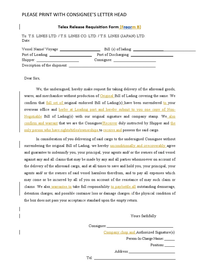 Telex Release Requisition Form Template | PDF | Bill Of Lading | Cargo