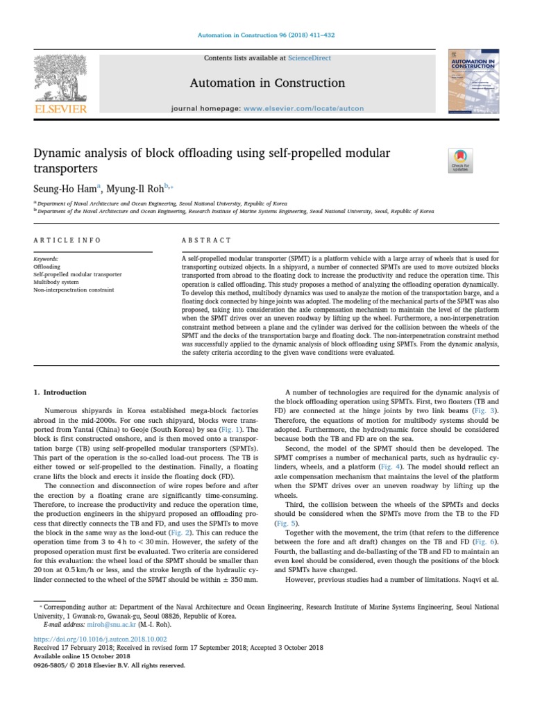 Dynamic Analysis of Block Offloading Using Self-Propelled Modular Transporters | PDF | Collision ...