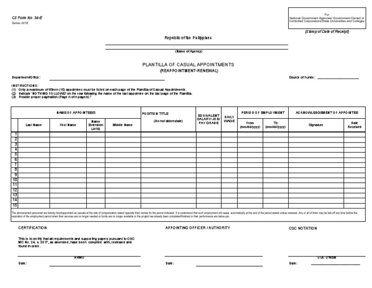 CS Form No. 34-E Plantilla of Casual Appointments NGA-GOCC-SUC-LUC ...