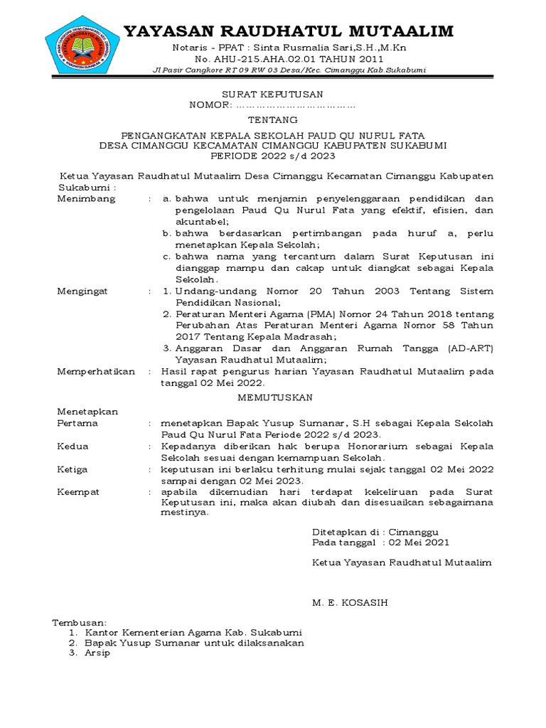 Contoh SK Pengangkatan Kamad - Kamimadrasah | PDF