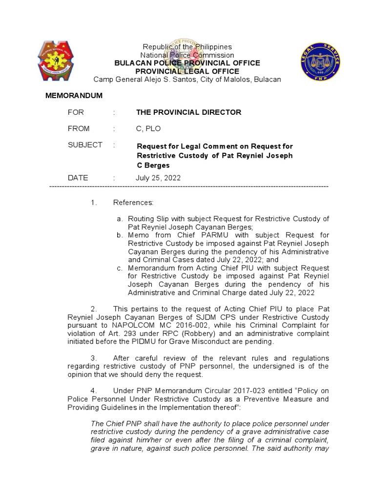 Legal Memo on Restrictive Custody Request | PDF | Crimes | Crime & Violence