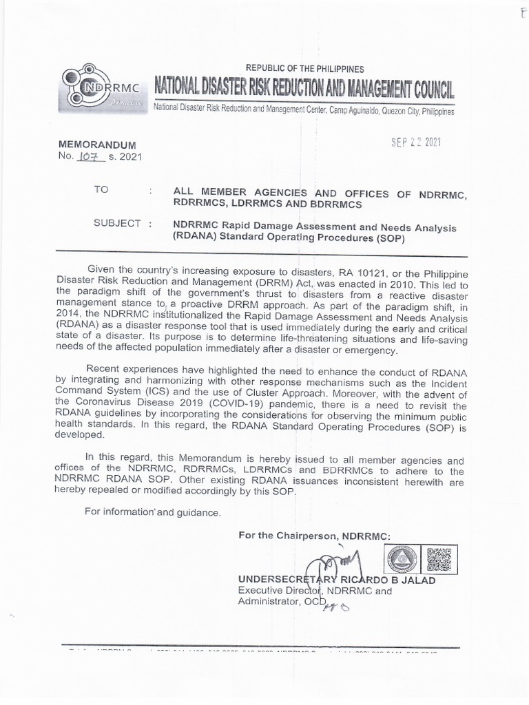 NDRRMC MEmo Re RDANA | PDF