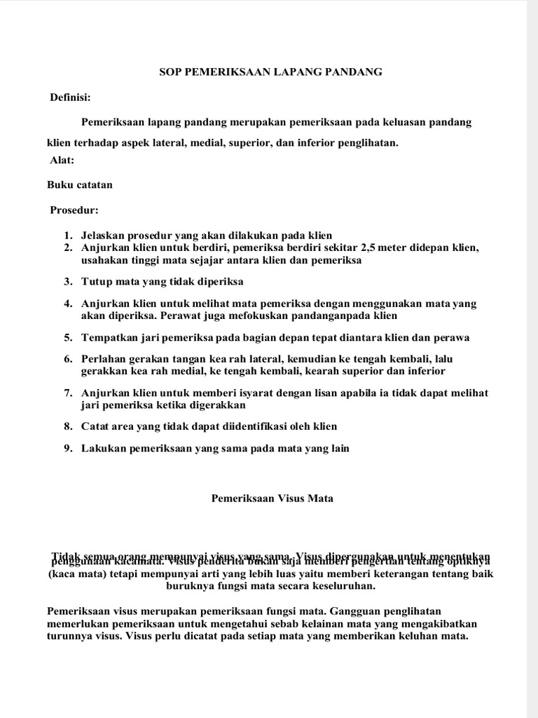 Dokumen - Tips - Sop Pemeriksaan Lapang Pandang | PDF