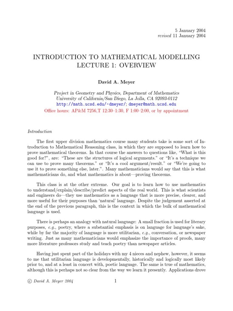 Introduction To Mathematical Modelling Lecture 1: Overview: Dmeyer@math ...