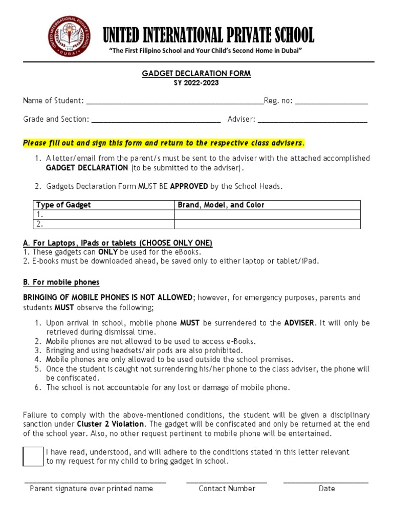 Gadget Declaration Form for Students | PDF