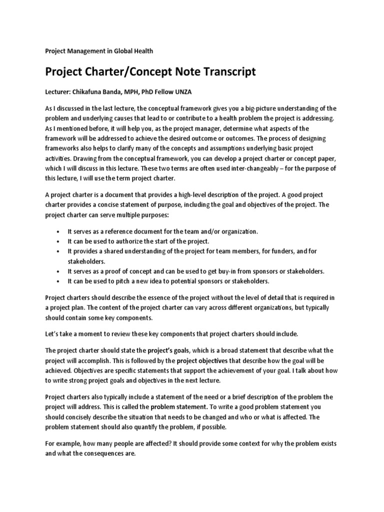 Project Charter, Concept Note Transcript DR Chikafuna Banda 040018 ...