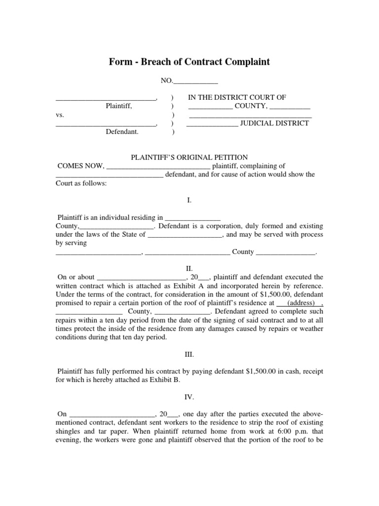 Form - Breach of Contract Complaint | PDF | Damages | Common Law