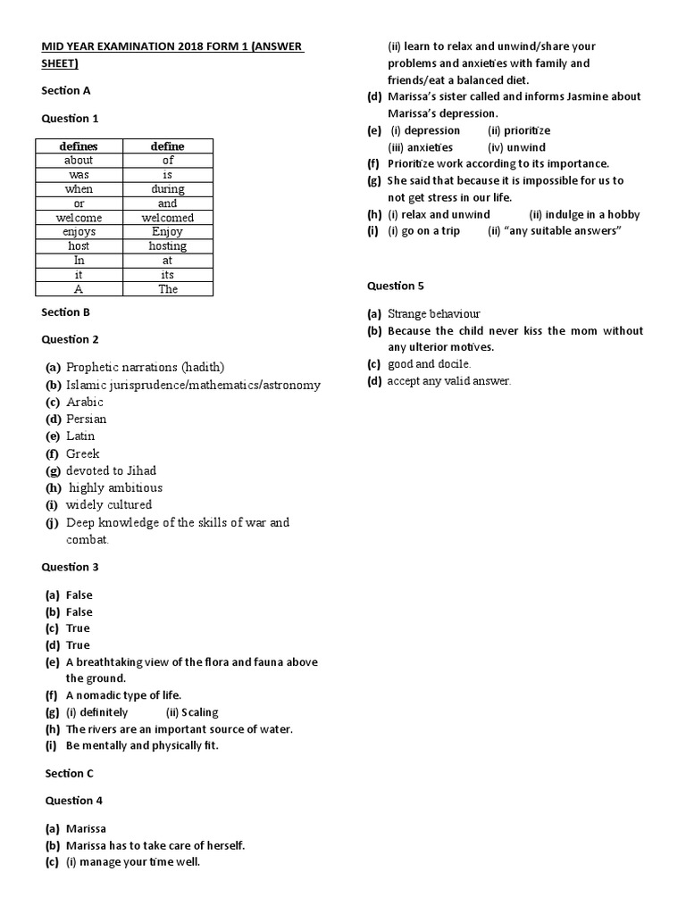 MID YEAR EXAMINATION 2018 (Answer Sheet) | PDF