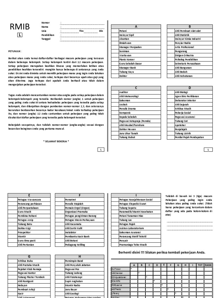 Format Lembar Tes RMIB - OKE | PDF