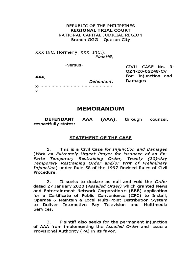 Sample Memorandum | Download Free PDF | Injunction | Lawsuit