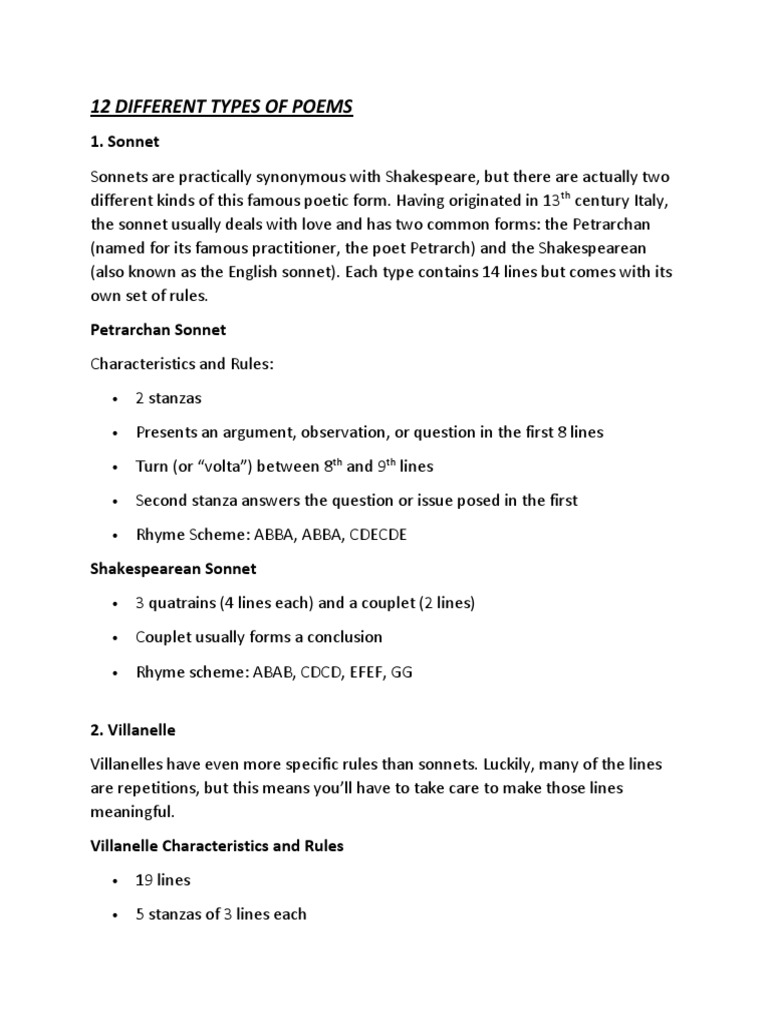 12 Different Types of Poems | PDF | Poetry | Sonnets