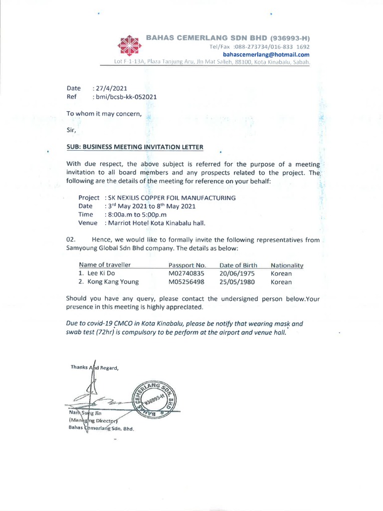 Invitation Letter For Sabah | PDF