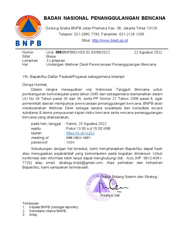 Und.355 D1 BPBD BAPPEDA - Webinar Desk Perencanaan Penanggulangan ...