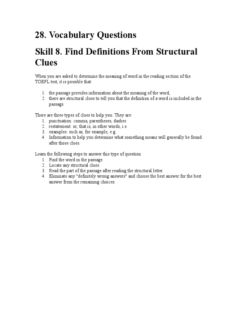 Vocabulary Questions Skill 8 Find Definitions From Structural Clues