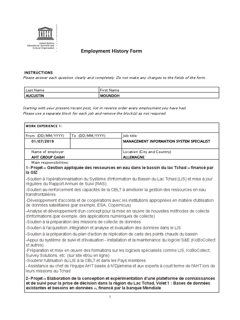 Formulaire d'historique d'emploi UNESCO | PDF | Informatique | Application