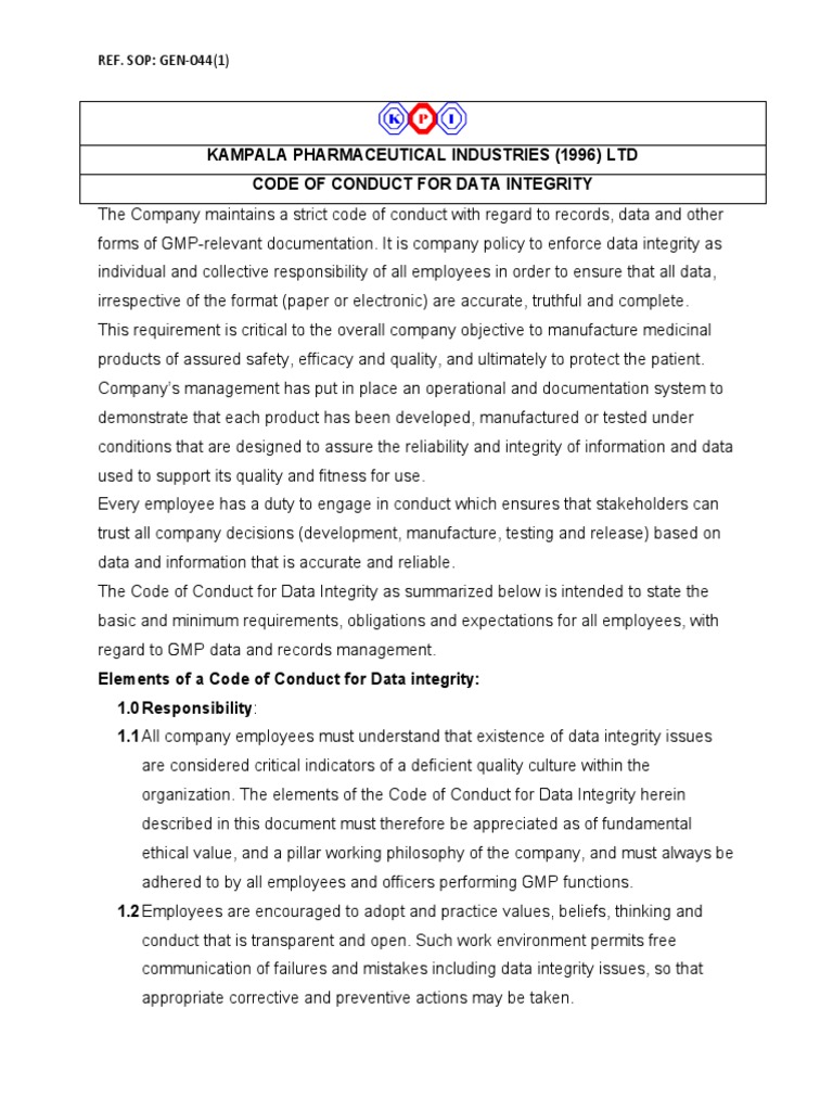 Data Integrity Code of Conduct Guidelines | PDF | Integrity | Business