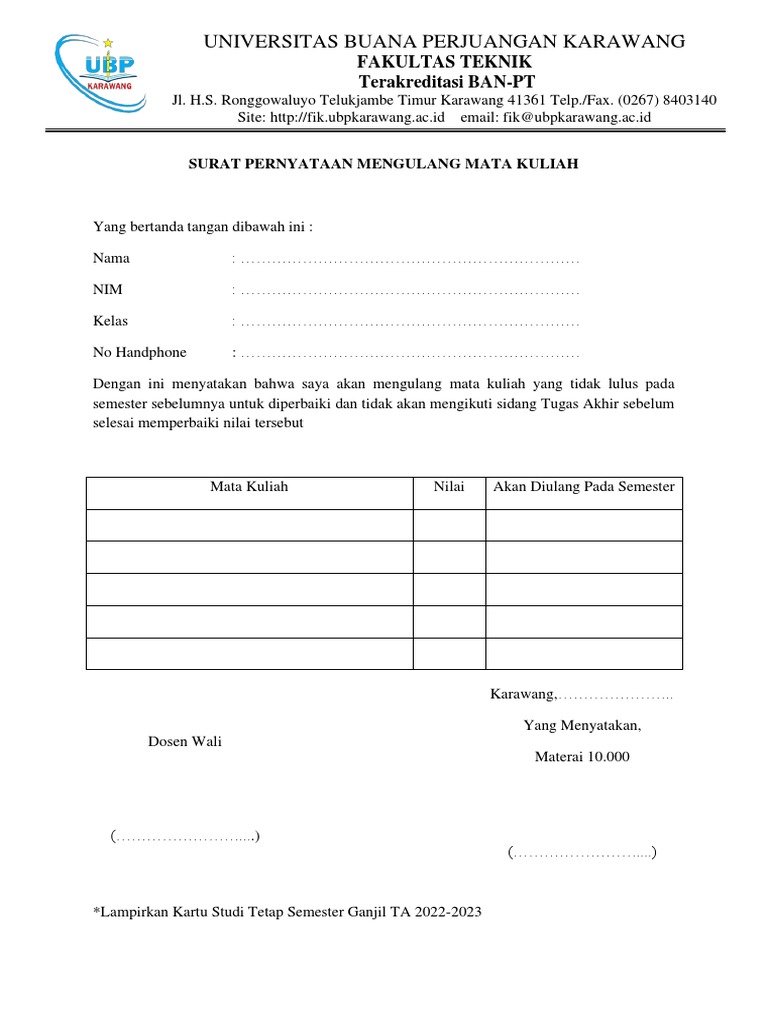 Surat Pernyataan Mengulang MK | PDF