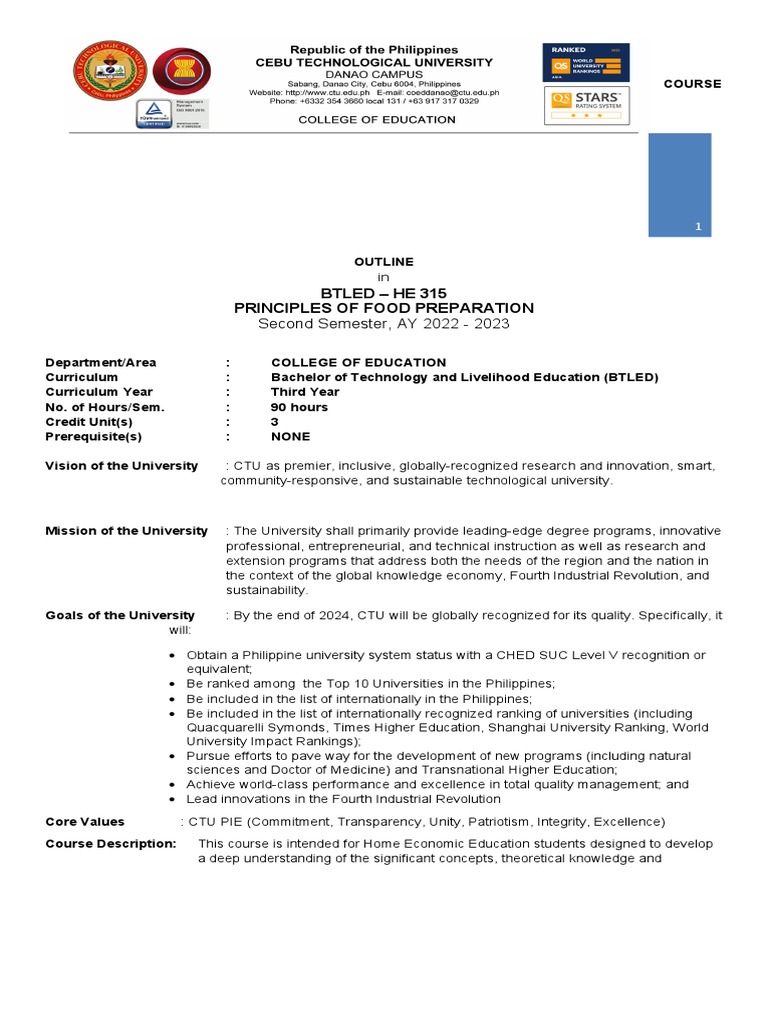 COURSE OUTLINE - BTLED HE 315 Principles of Food Prep | PDF | Foods | Sauce